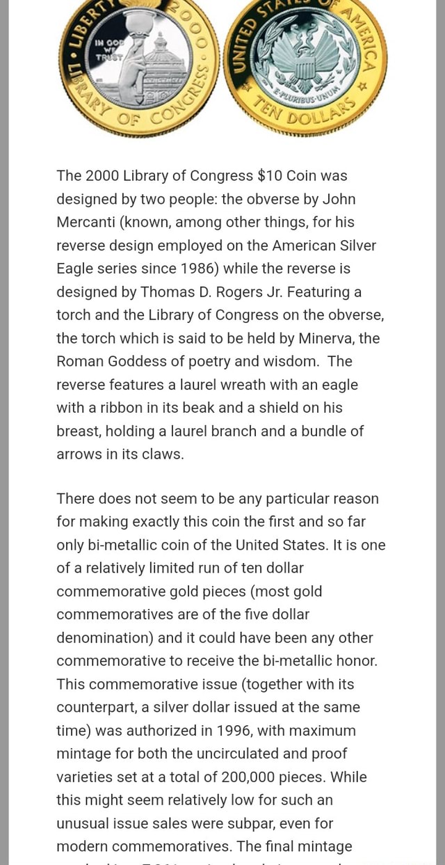 The 2000 Library of Congress $10 Coin was designed by two people: the ...