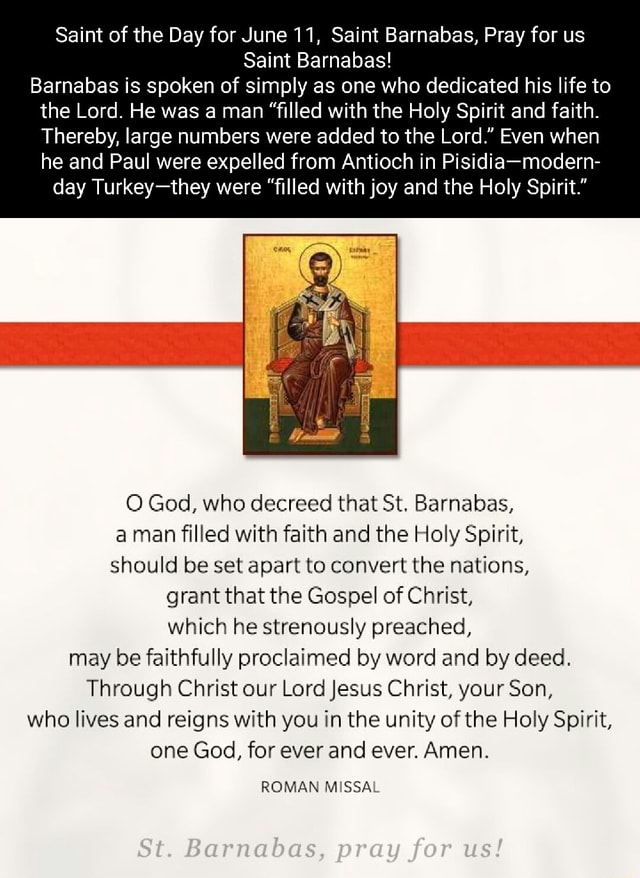 Saint of the Day for June 11, Saint Barnabas, Pray for us Saint ...