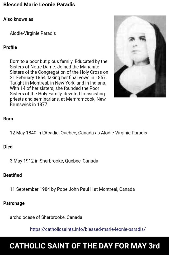 Blessed Marie Leonie Paradis Also known as Alodie-Virginie Paradis ...