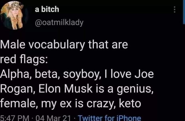 Male vocabulary that are red flags: Alpha, beta, soyboy, I love Joe ...