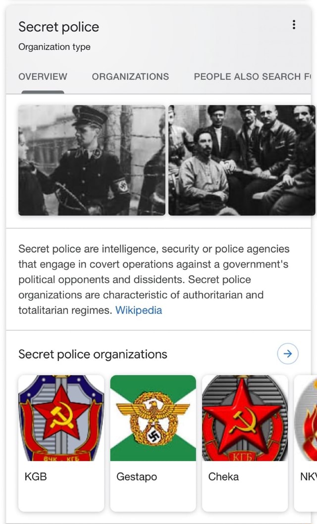 Secret police E OVERVIEW ORGANIZATIONS PEOPLE ALSO SEARCH Fi Secret ...