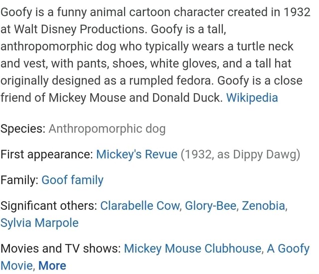 Goofy is a funny animal cartoon character created in 1932 at Walt ...
