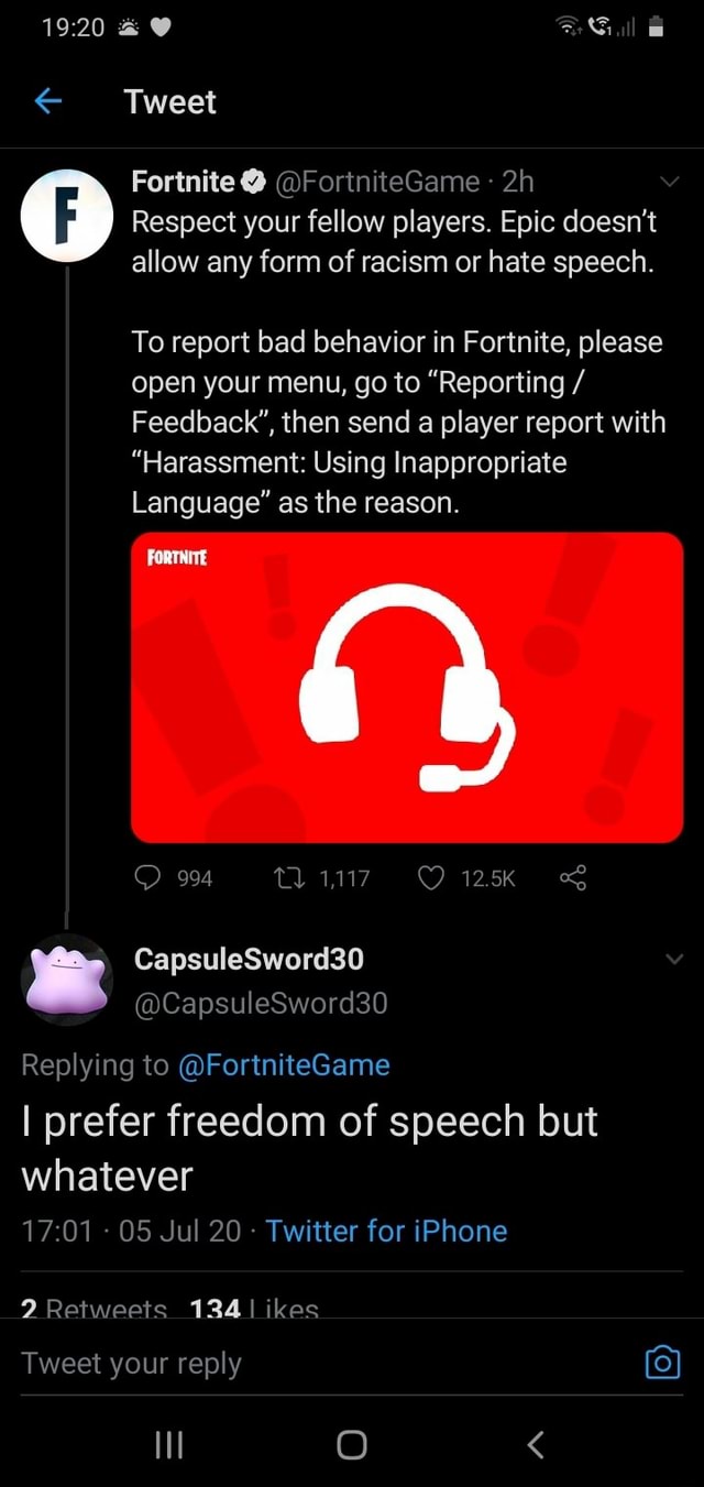 Fortnite @ @FortniteGame Respect your fellow players. Epic doesn't ...