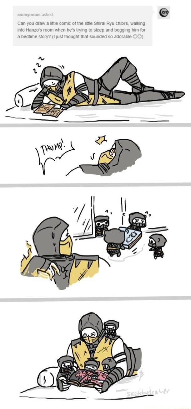 Can you draw a little comic of the little Shirai Ryu chibi's, walking ...