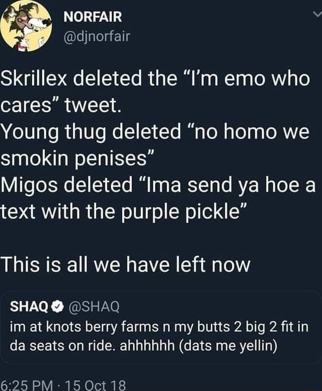 NORFAIR Skrillex deleted the "I'm emo who cares" tweet. Young thug ...
