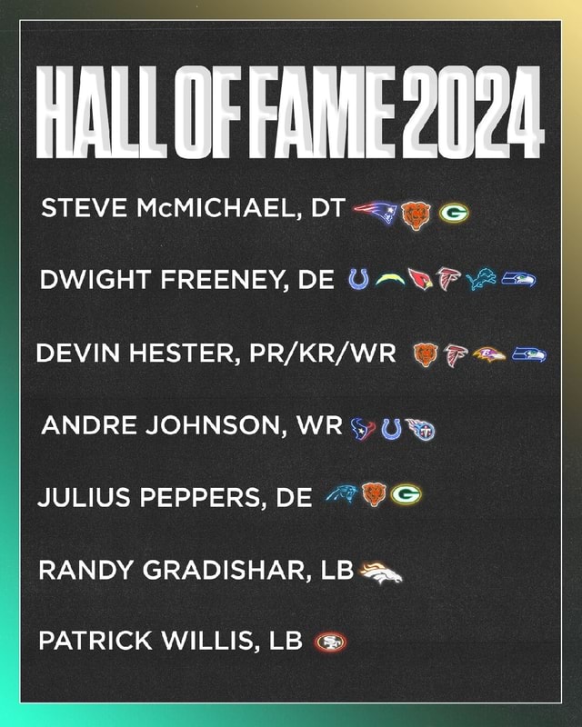 HALL OF FAME 2024 STEVE McMICHAEL, DT DWIGHT FREENEY, DE DEVIN HESTER, # ANDRE JOHNSON, WR U ...