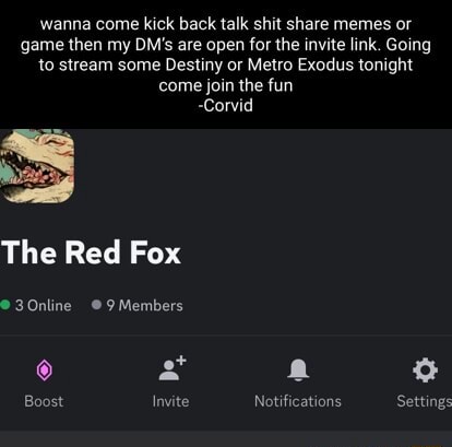 Wanna come kick back talk shit share memes or game then my DM's are ...