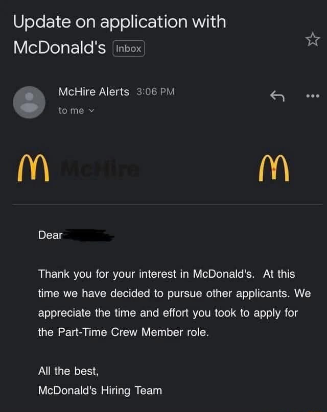 Update on application with McDonald's I inbox McHire Alerts PM me (Y ...