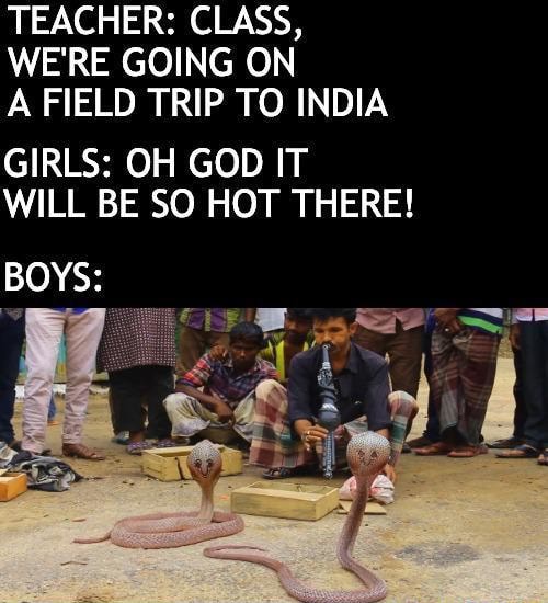 TEACHER: CLASS, WE'RE GOING ON A FIELD TRIP TO INDIA GIRLS: OH GOD IT ...