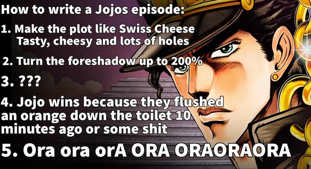 How to write a Jojos episode: 1. Make the plot like Swiss Cheese Tasty ...