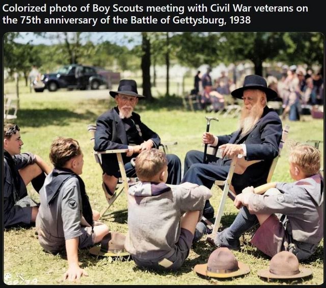 Colorized photo of Boy Scouts meeting with Civil War veterans on the ...