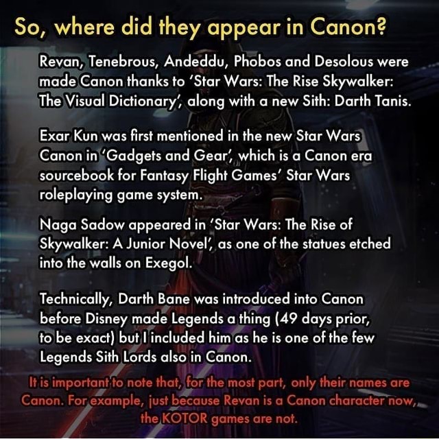 So, where did they appear in Canon? \Revan, Tenebrous, Andeddu, Phobos ...