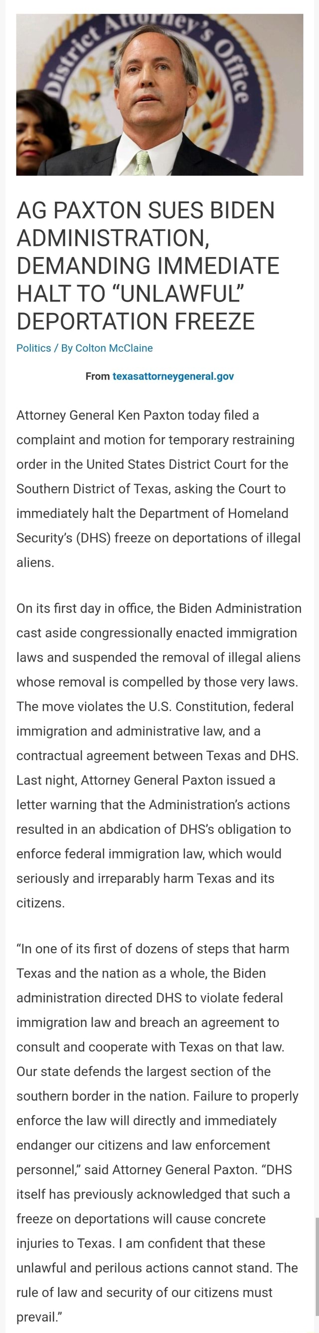 Ag Paxton Sues Biden Administration Demanding Immediate Halt To