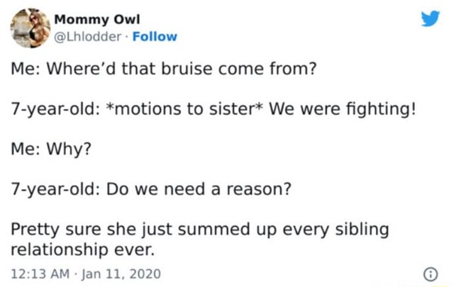 Mommy Owl @Lhlodder Fallow Me: Where'd that bruise come from? 7-year ...
