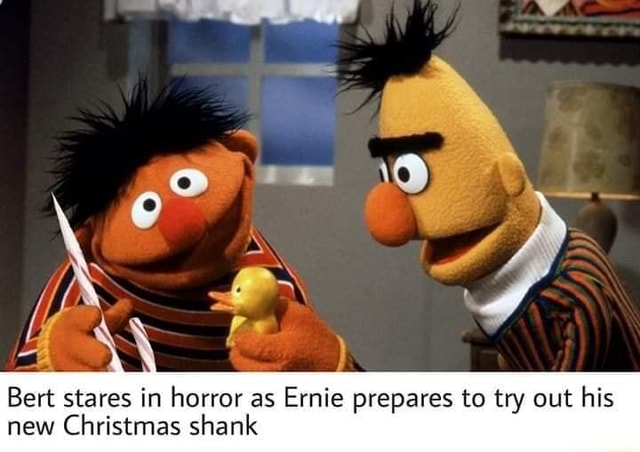 Bert stares in horror as Ernie prepares to try out his new Christmas ...