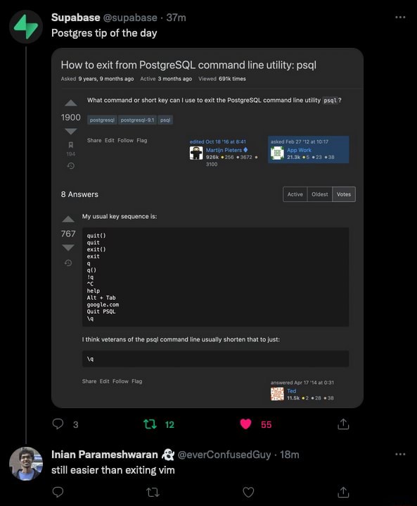 Supabase Supabase Postgres Tip Of The Day How To Exit From Postgresql Command Line Utility