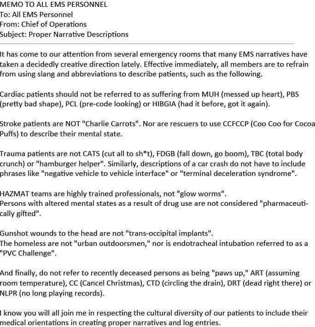 MEMO TO ALL EMS PERSONNEL To: All EMS Personnel From: Chief of ...