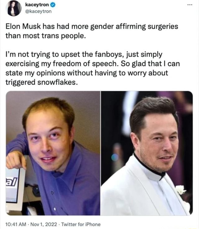 Kaceytron Elon Musk has had more gender affirming surgeries than most ...