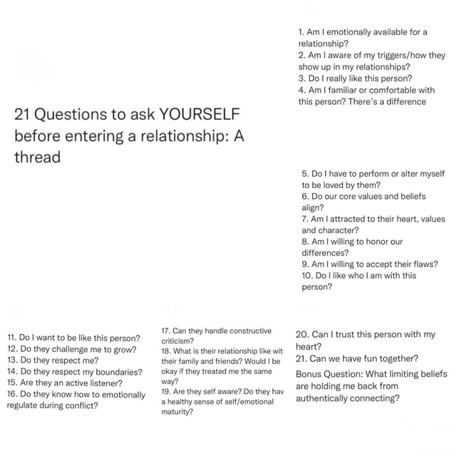 21 Questions to ask YOURSELF before entering a relationship: A thread ...