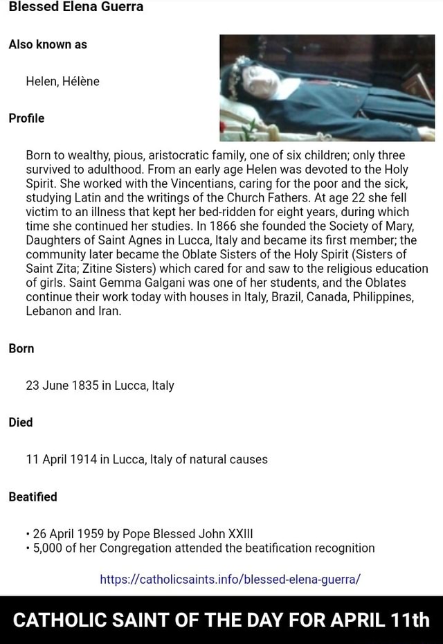 Blessed Elena Guerra Also known as Helen, Helene Profile Born to ...