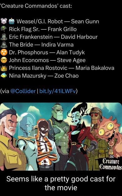 'Creature Commandos' cast: Robot - Sean Gunn Rick Flag Sr. - Frank Grillo Eric Frankenstein ...