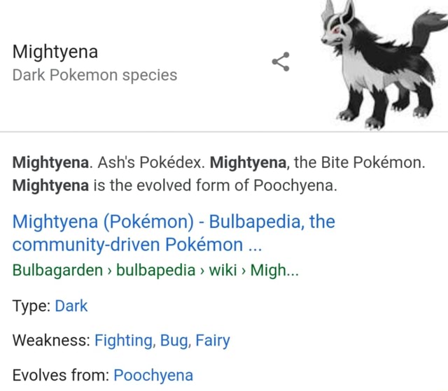 bulbapedia > wiki > Migh... Type: Dark Weakness: Fightin