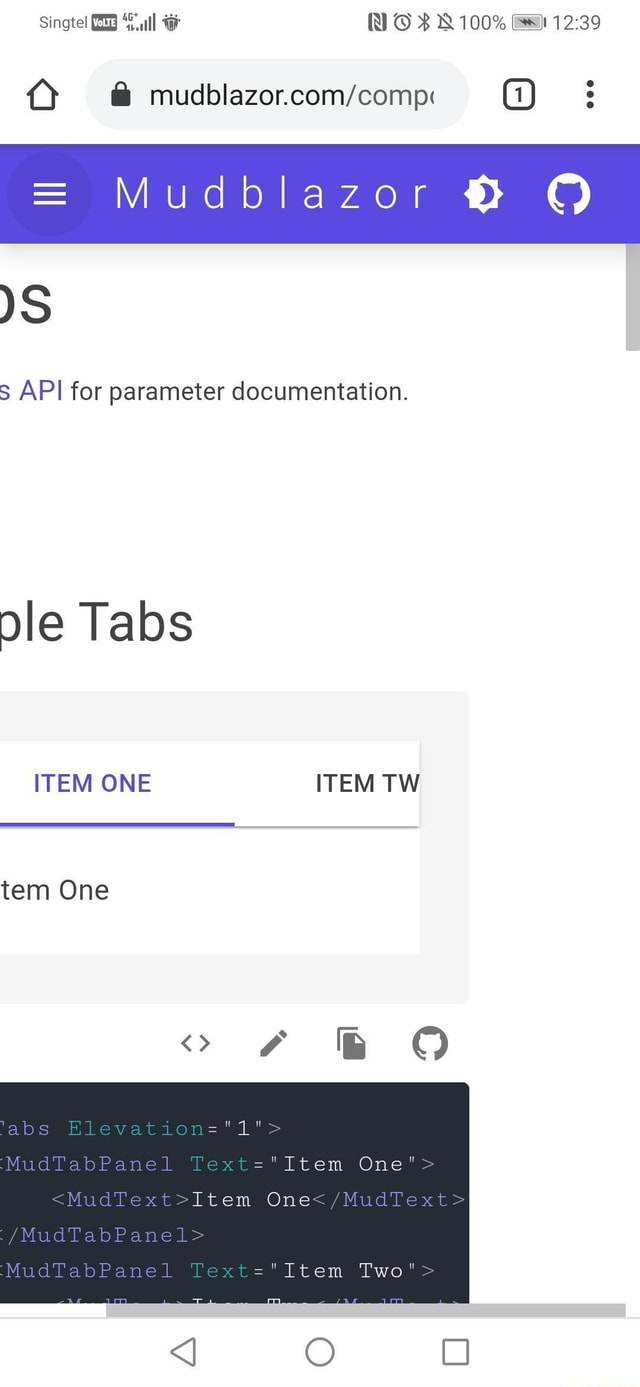 Gap - 100% Q f& : Singtel = Mudblazor API for parameter documentation. ole Tabs ITEM ONE ITEM TW ...