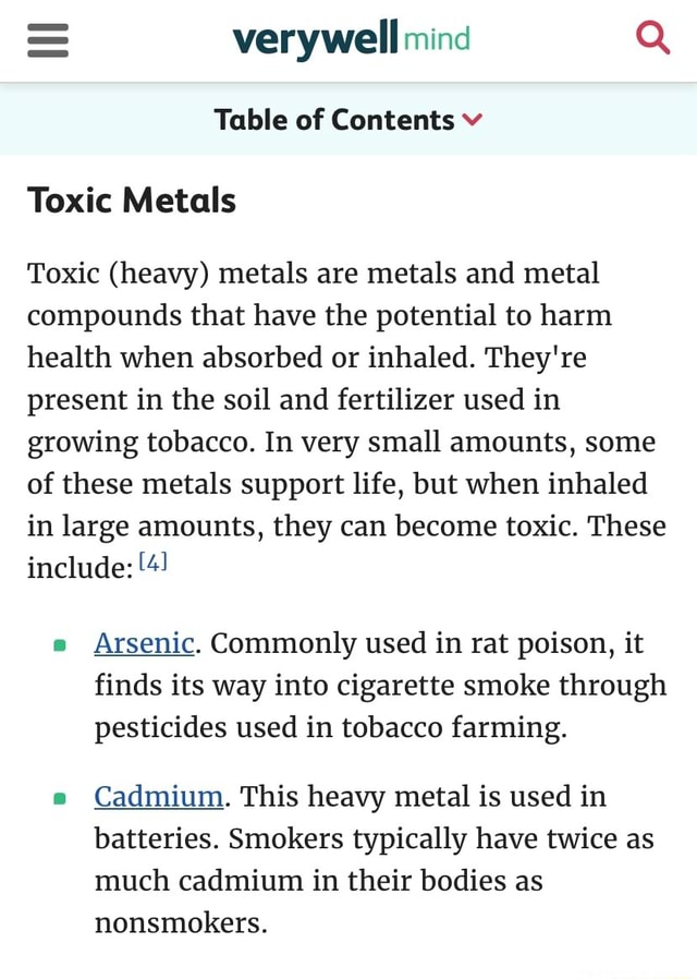 Verywell mind Q Table of Contents v Toxic Metals Toxic (heavy) metals ...