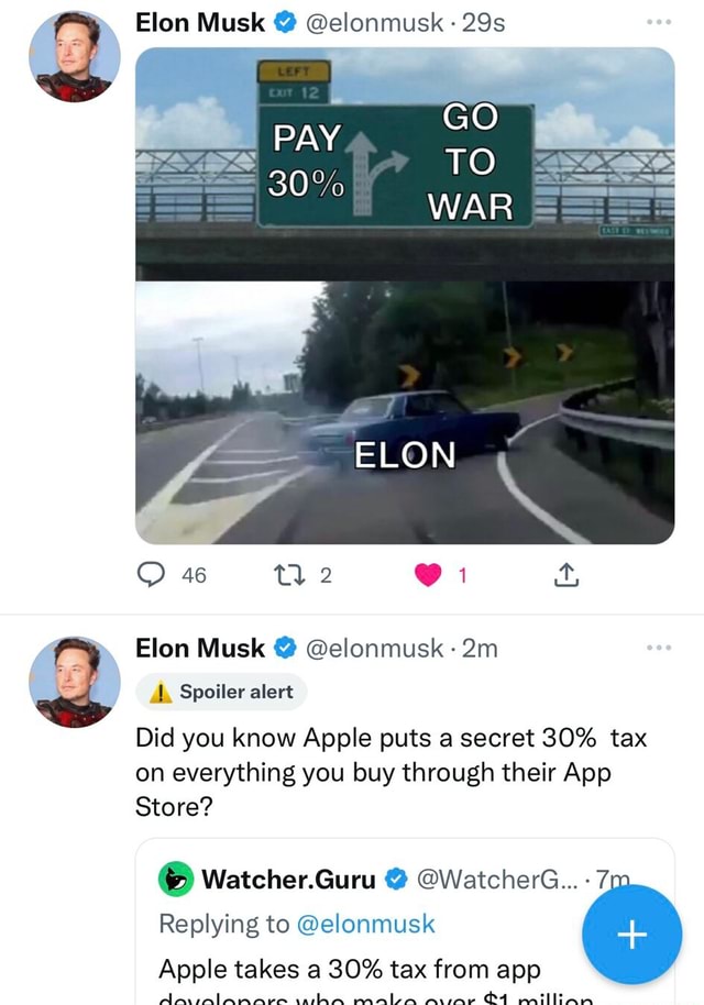 Elon Musk @ @elonmusk GO 30% TO ELON 46 Tl 2 Elon Musk @elonmusk ... Elon Musk @ @elonmusk GO 30% TO ELON 46 Tl 2 Elon Musk @elonmusk ...
