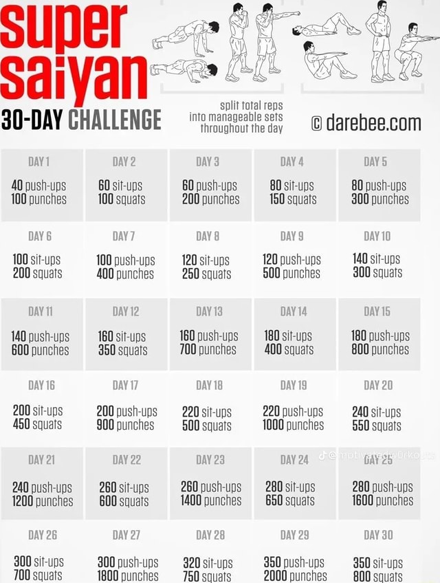 30-DAY CHALLENGE DAYI push-ups 100 punches DAYE 100 sit-ups 200 squats ...