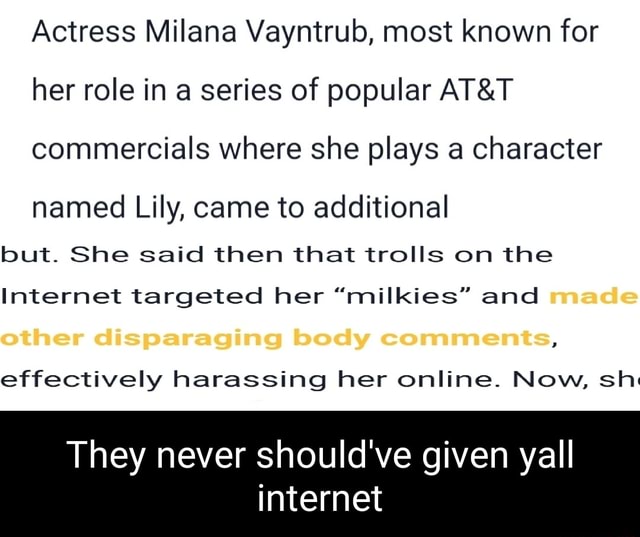 Actress Milana Vayntrub, most known for her role in a series of popular ...