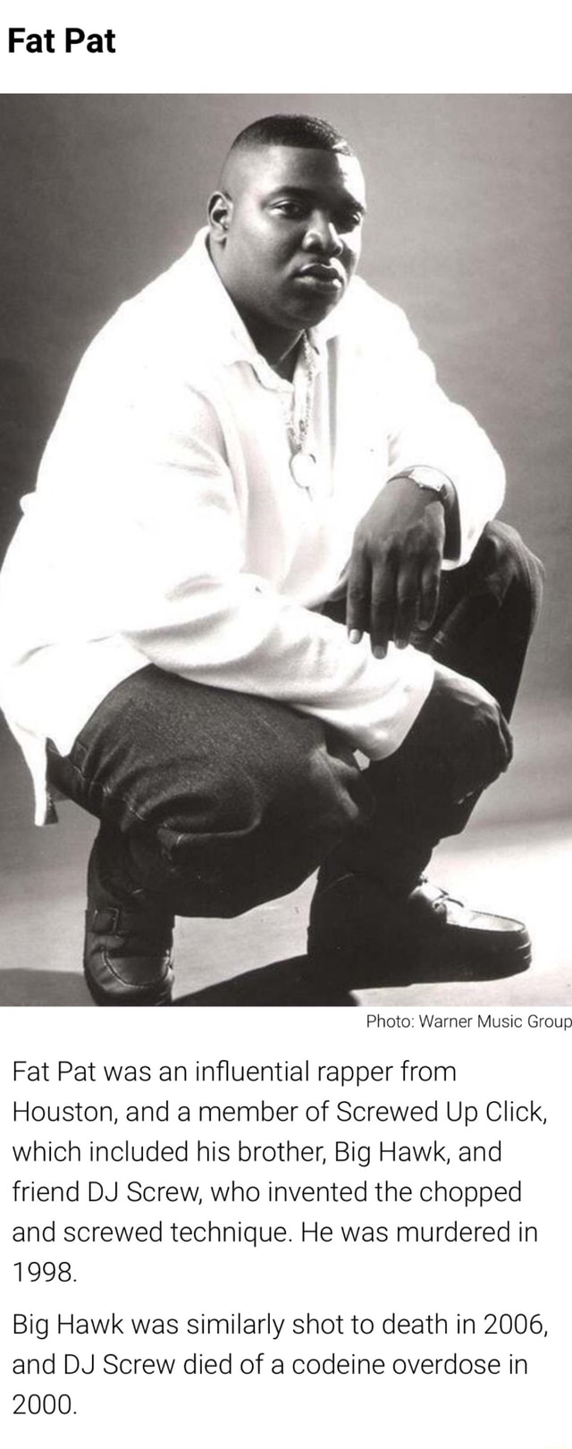 Fat Pat Fat Pat was an inﬂuential rapper from Houston, and a member of ...
