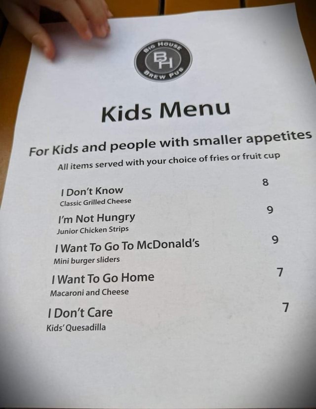 Kids Menus Kids and people with smaller appetites choice of fries or ...