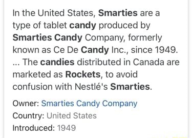 In the United States, Smarties are a type of tablet candy produced by ...