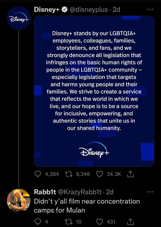 Disney+ @ @disneyplus - Disney+ stands by our LGBTQIA+ employees ...