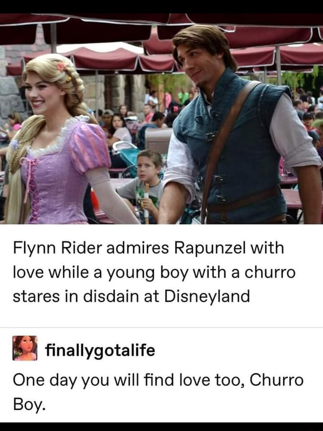 Flynn Rider admires Rapunzel with love while a young boy with a churro ...