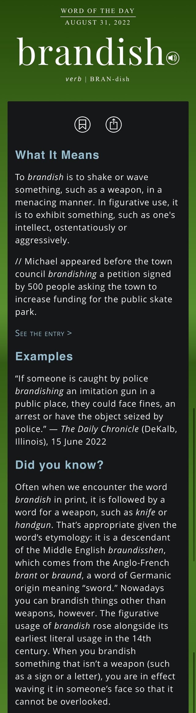 WORD OF THE DAY AUGUST 31, 2022 brandishe verb I BRAN-dish What It Means To brandish is to shake ...