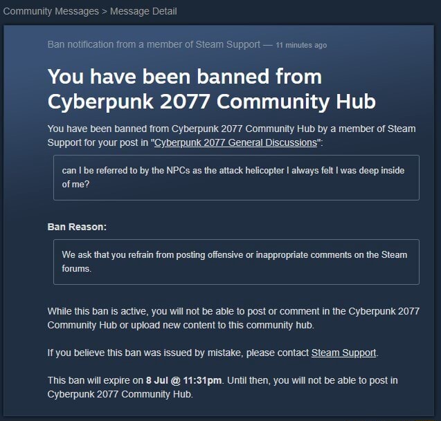 Community Messages > Message Detail Ban notification from a member of ...