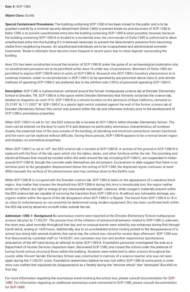 Ltem SCP-1380 Object Class: Euclid 'Special Containment Procedures: The ...