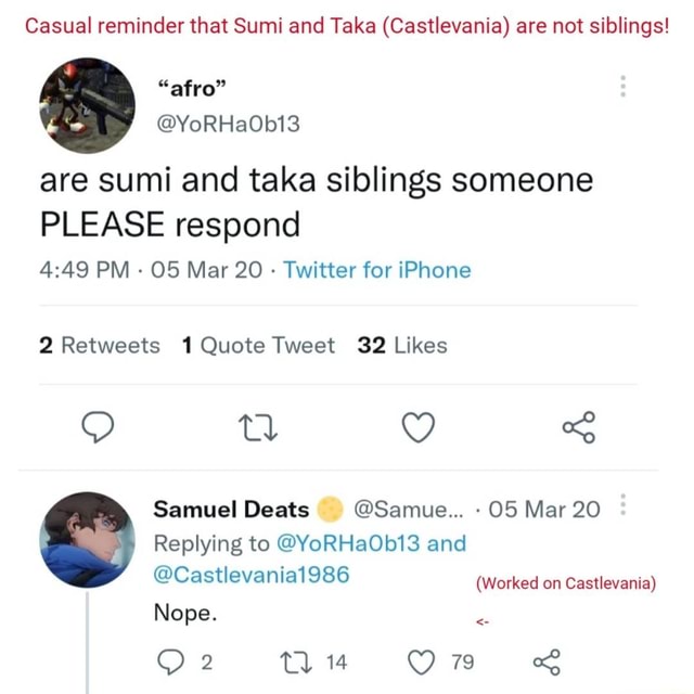 Casual reminder that Sumi and Taka (Castlevania) are not siblings ...