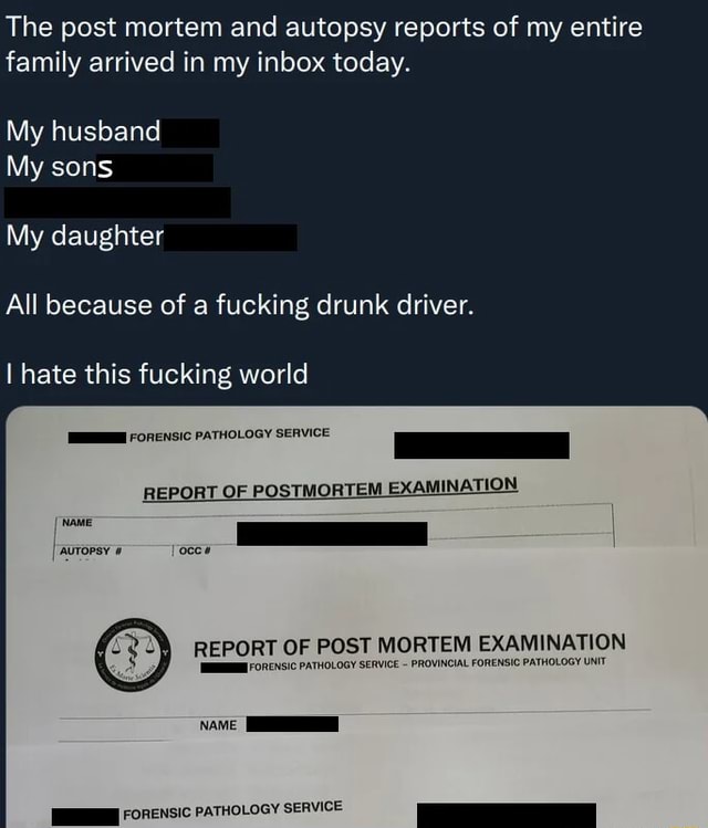 The post mortem and autopsy reports of my entire family arrived in my inbox today. My husband My ...