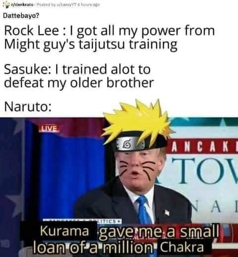 Rock Lee : I got all my power from Might guy's taijutsu training ...