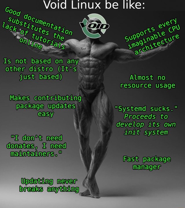 Void Linux be like: SUb 6y0re, wre Is not based on an other distro (TE ...