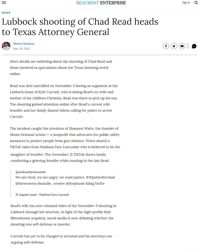 = BEAUMONT ENTERPRISE NEWS Lubbock shooting of Chad Read heads to Texas ...