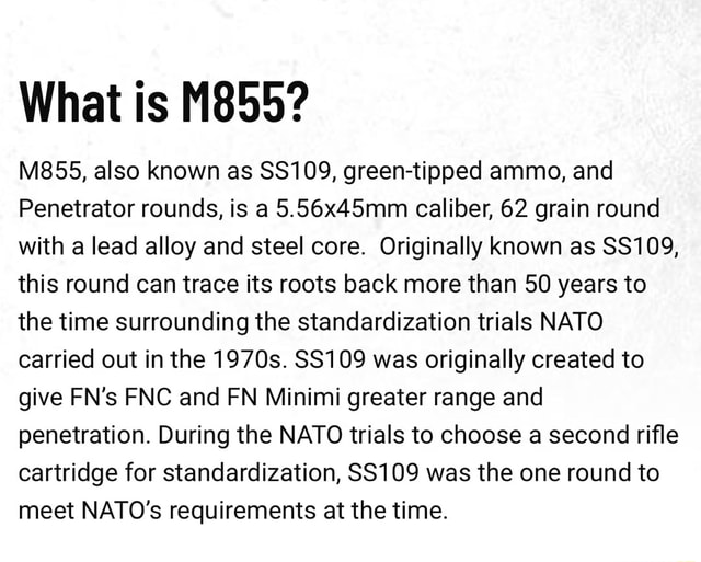 What is M855? M855, also known as SS109, green-tipped ammo, and ...