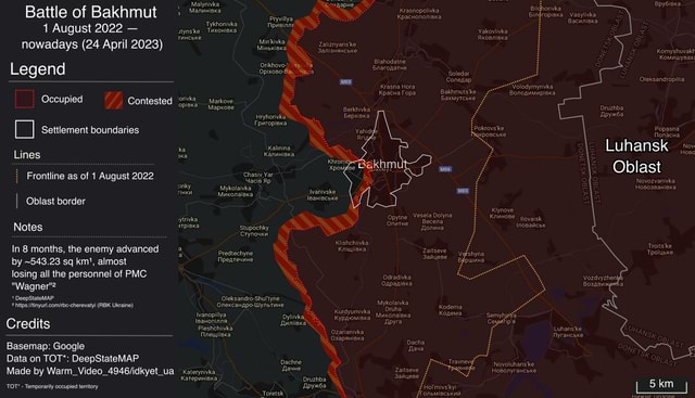 Bakhmut Comparison of the frontline at the beginning of the battle and ...