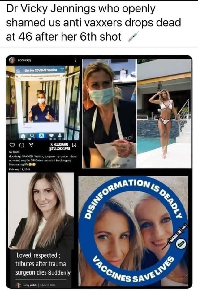 Dr Vicky Jennings who openly shamed us anti vaxxers drops dead at 46 after her Gth shot 'Loved ...