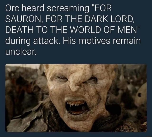 Orc heard screaming "FOR SAURON, FOR THE DARK LORD, DEATH TO THE WORLD ...