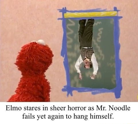 Elmo stares in sheer horror as Mr. Noodle fails yet again to hang ...
