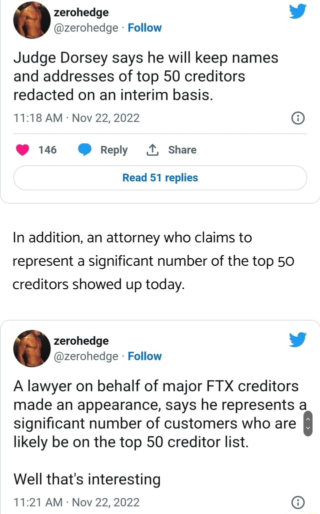 Judge Dorsey says he will keep names and addresses of top 50 creditors redacted on an interim ...